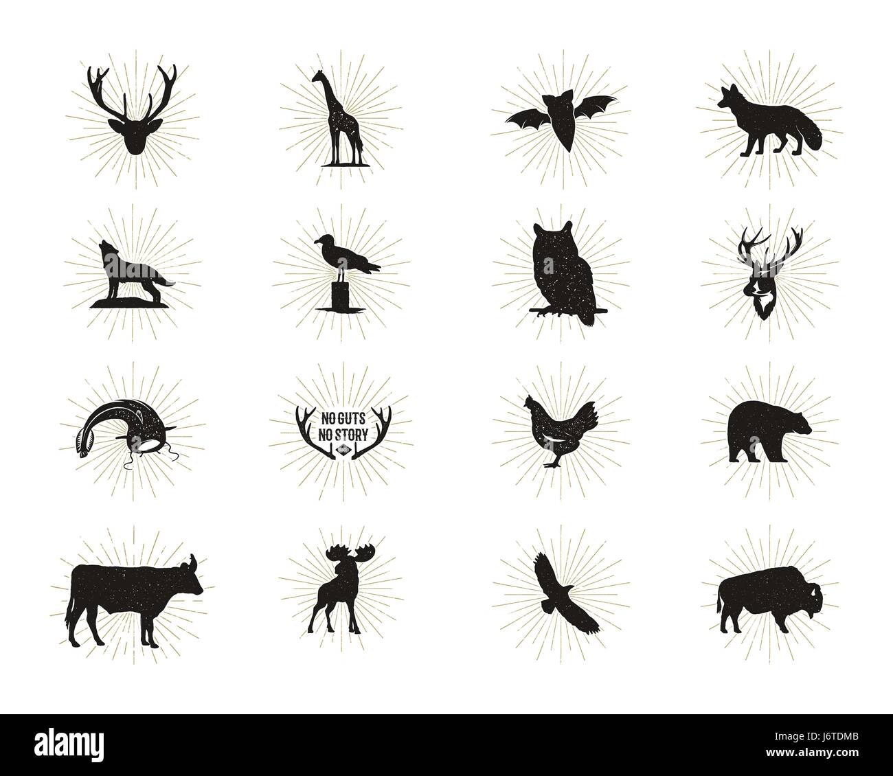 Set of wild animal figures and shapes with sunbursts isolated on white ...