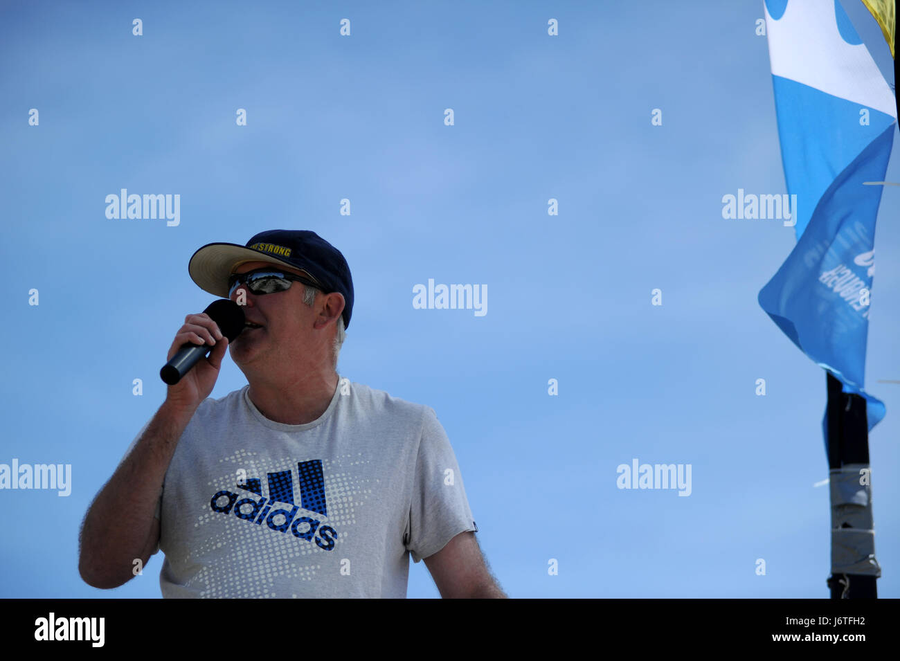 Bournemouth Bike Park, Dorset, UK. 21st May, 2017. The race announcer ...