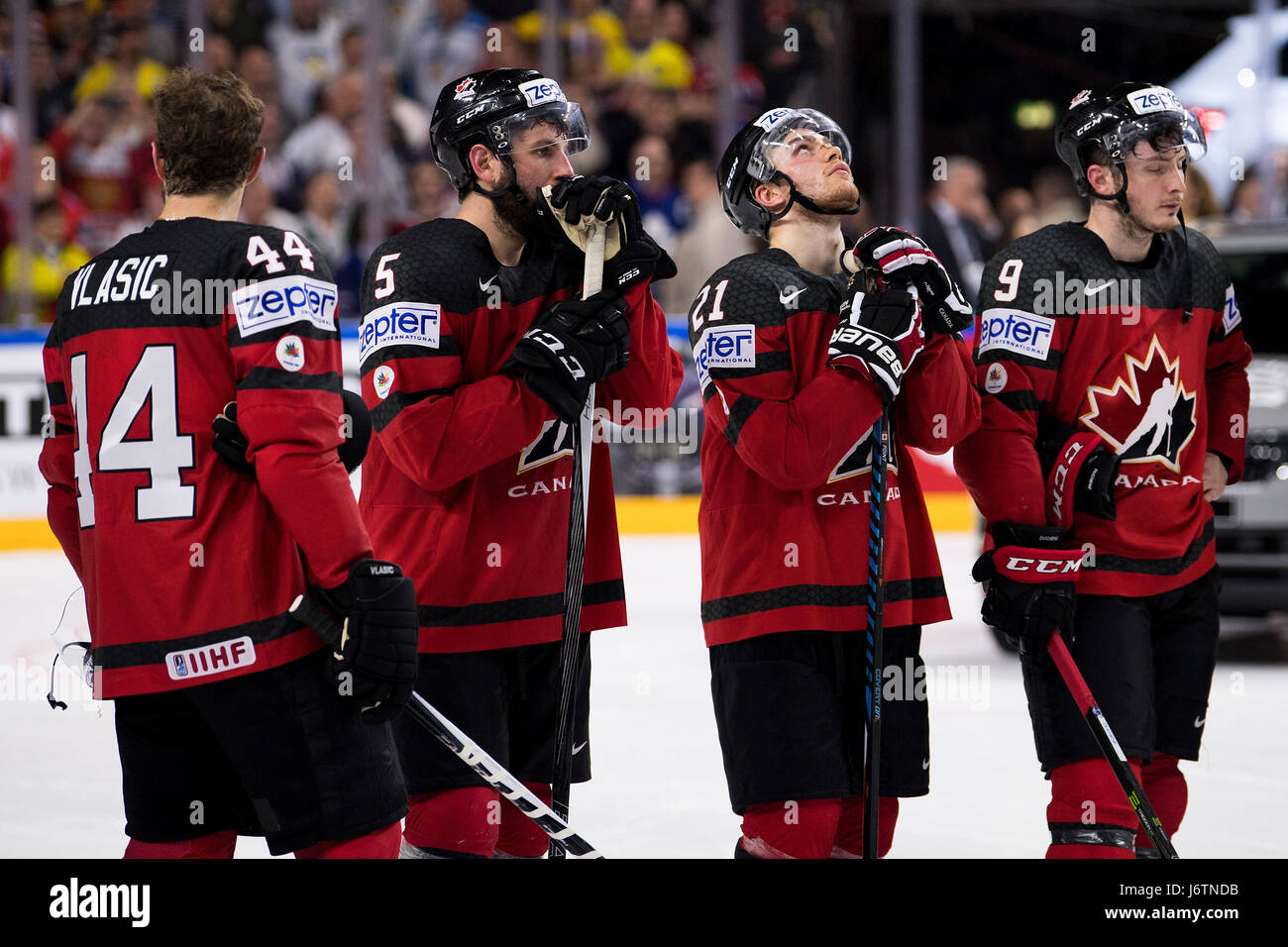 Cologne, Germany. 21st May, 2017. Canada's Sean Couturier (L-R), Jason ...