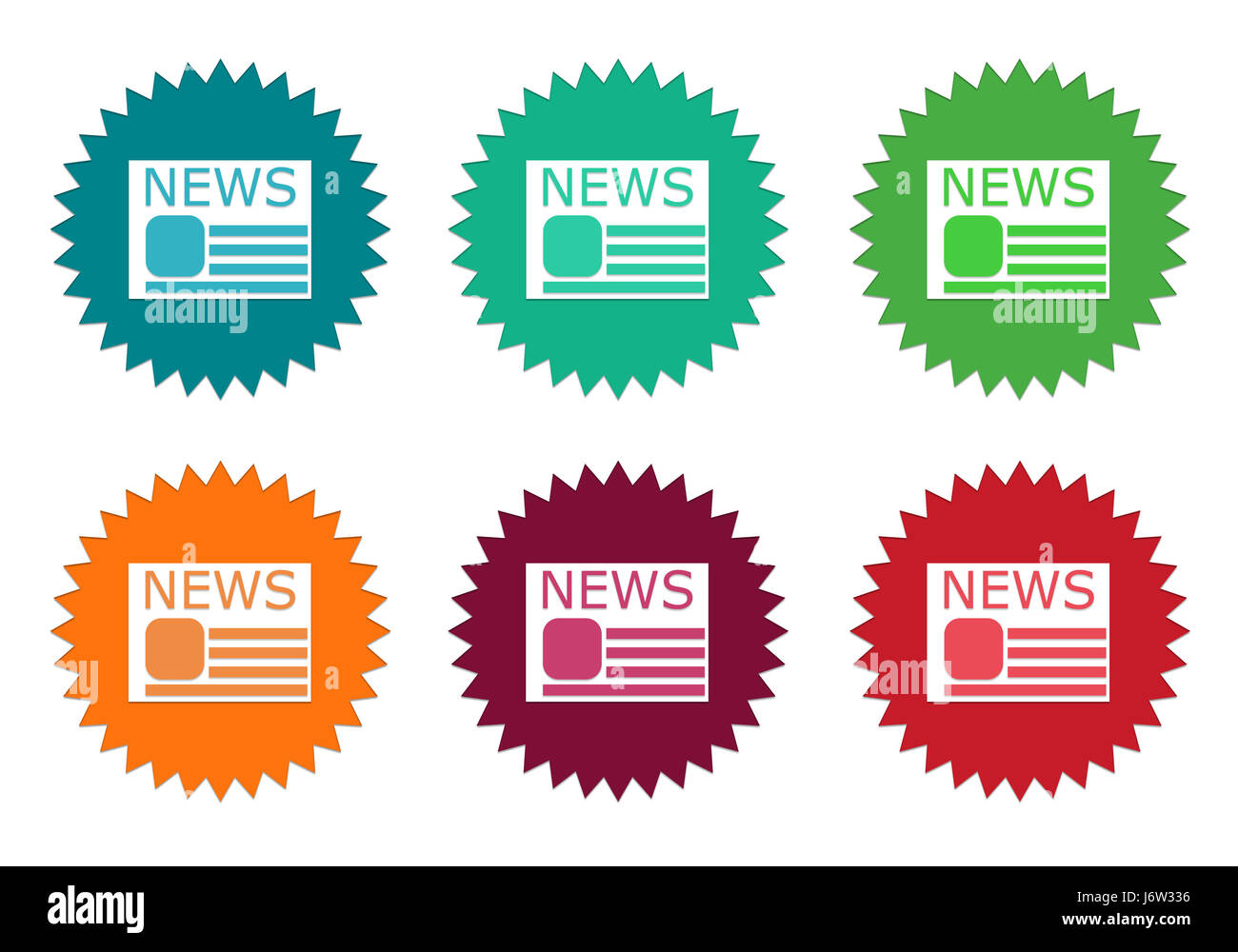 Set of colorful stickers icons with news symbol in blue, green, orange ...