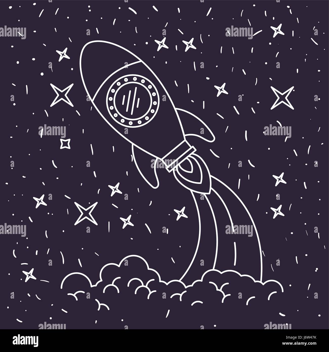 black background with hand drawn space rocket launching in starry sky ...