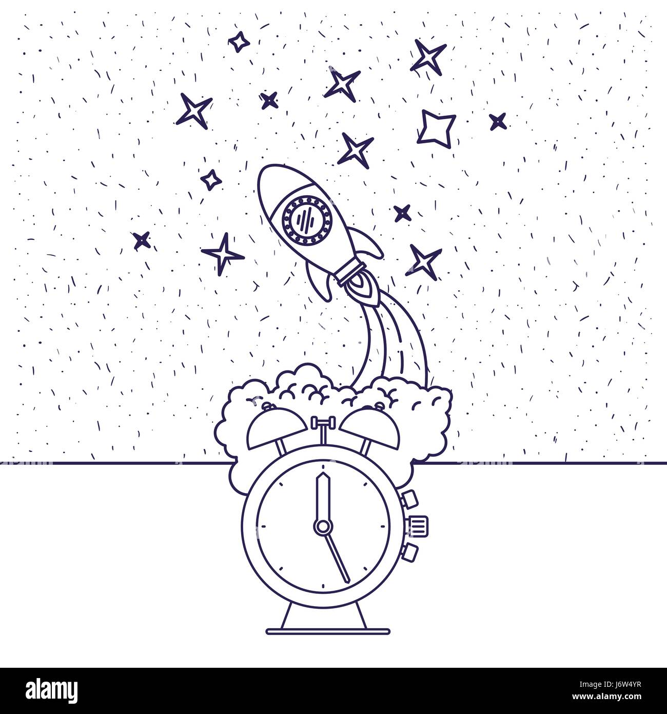white background with blue silhouette of space rocket and clock Stock ...