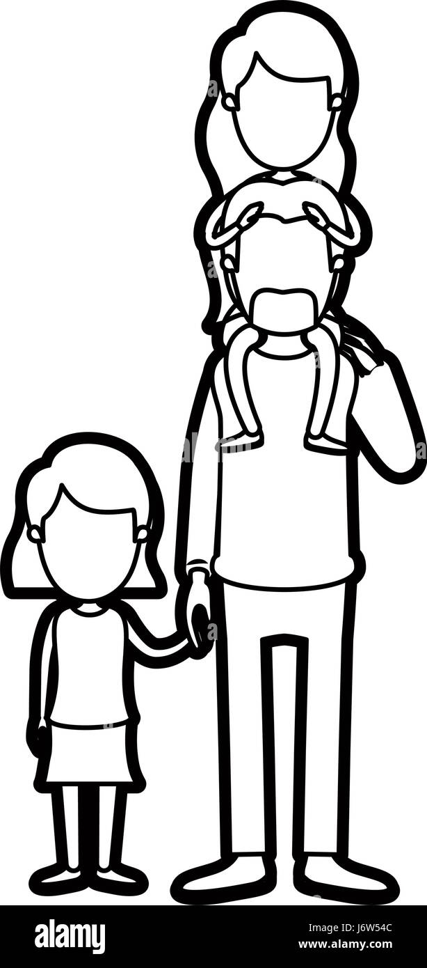 caricature thick contour faceless dad with daugther on his back and ...