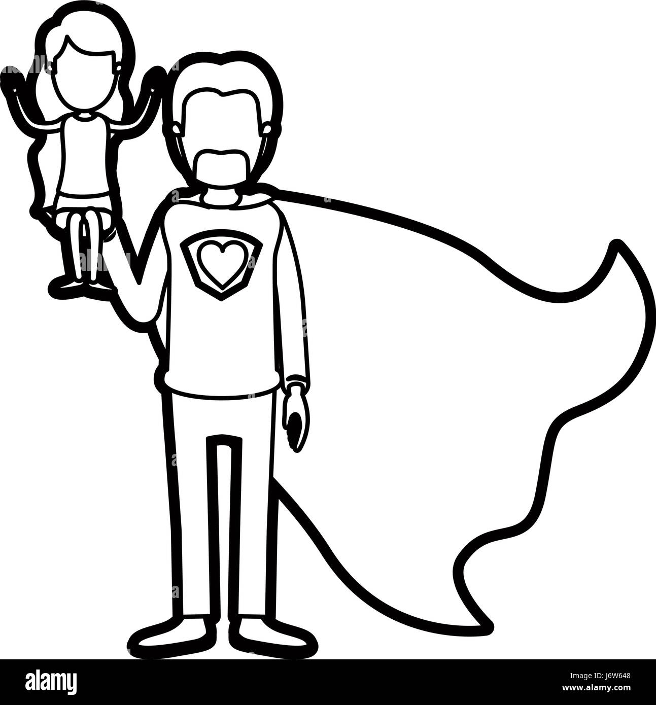 caricature thick contour faceless full body super dad hero with girl on ...