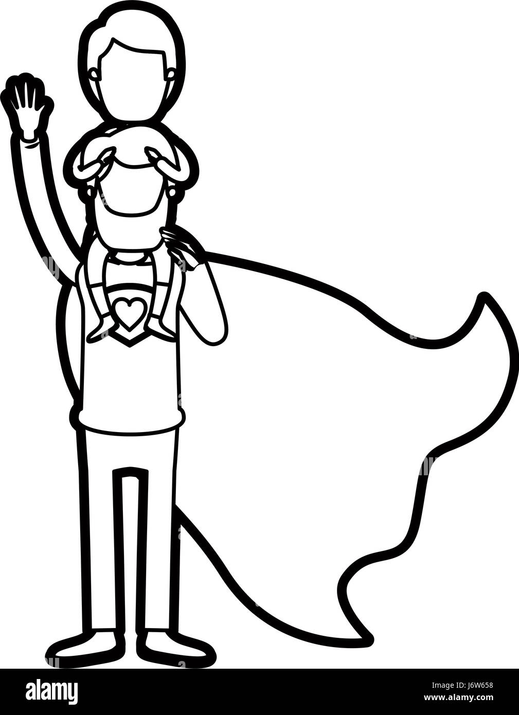 caricature thick contour faceless full body super dad hero with girl on ...