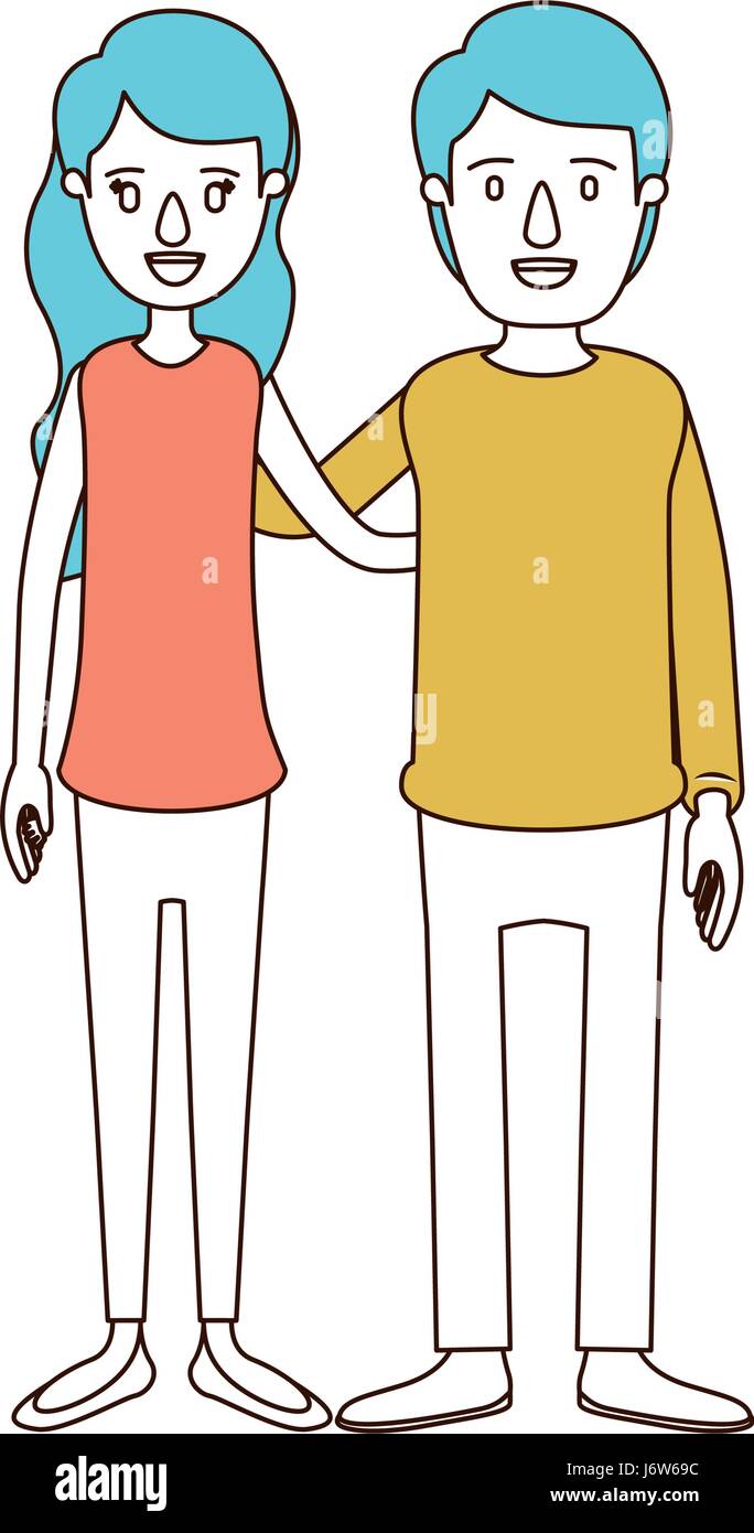 caricature color sections and blue hair of full body couple in casual ...