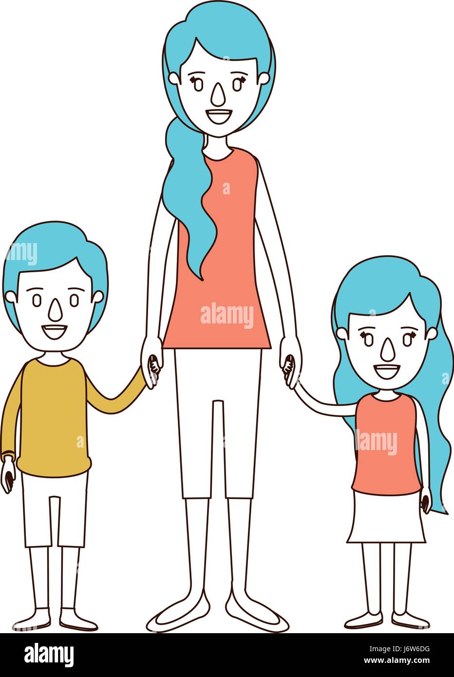 caricature color sections and blue hair of full body mother taken hand ...