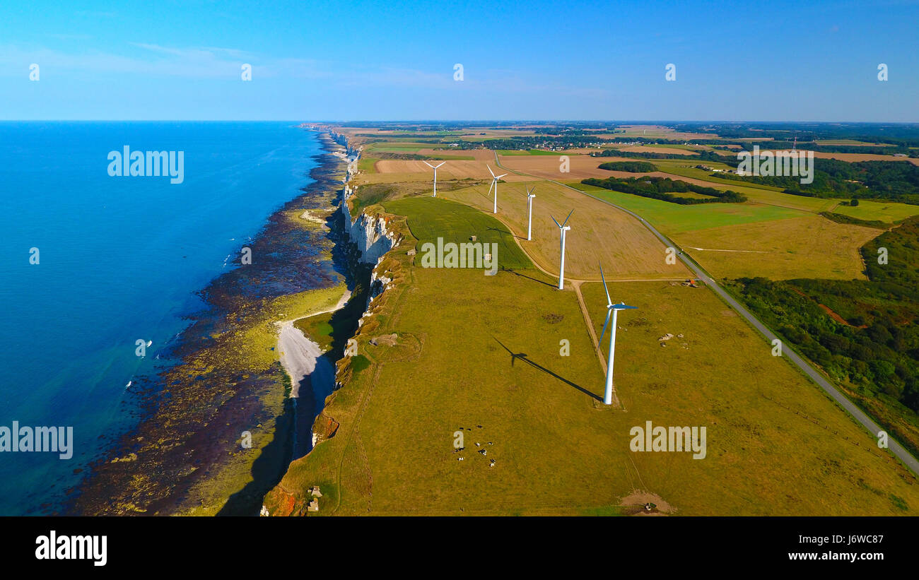 Wind turbines facing the Atlantic ocean near Fecamp, Normandy, France ...