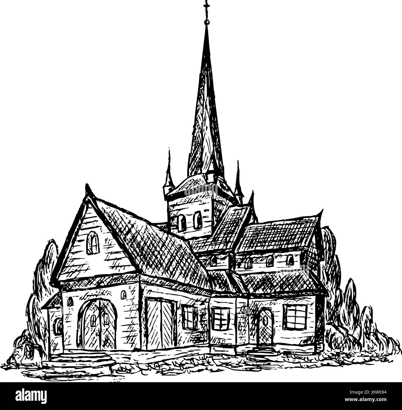 isolated chapel illustration outline draw line cartoon house building ...