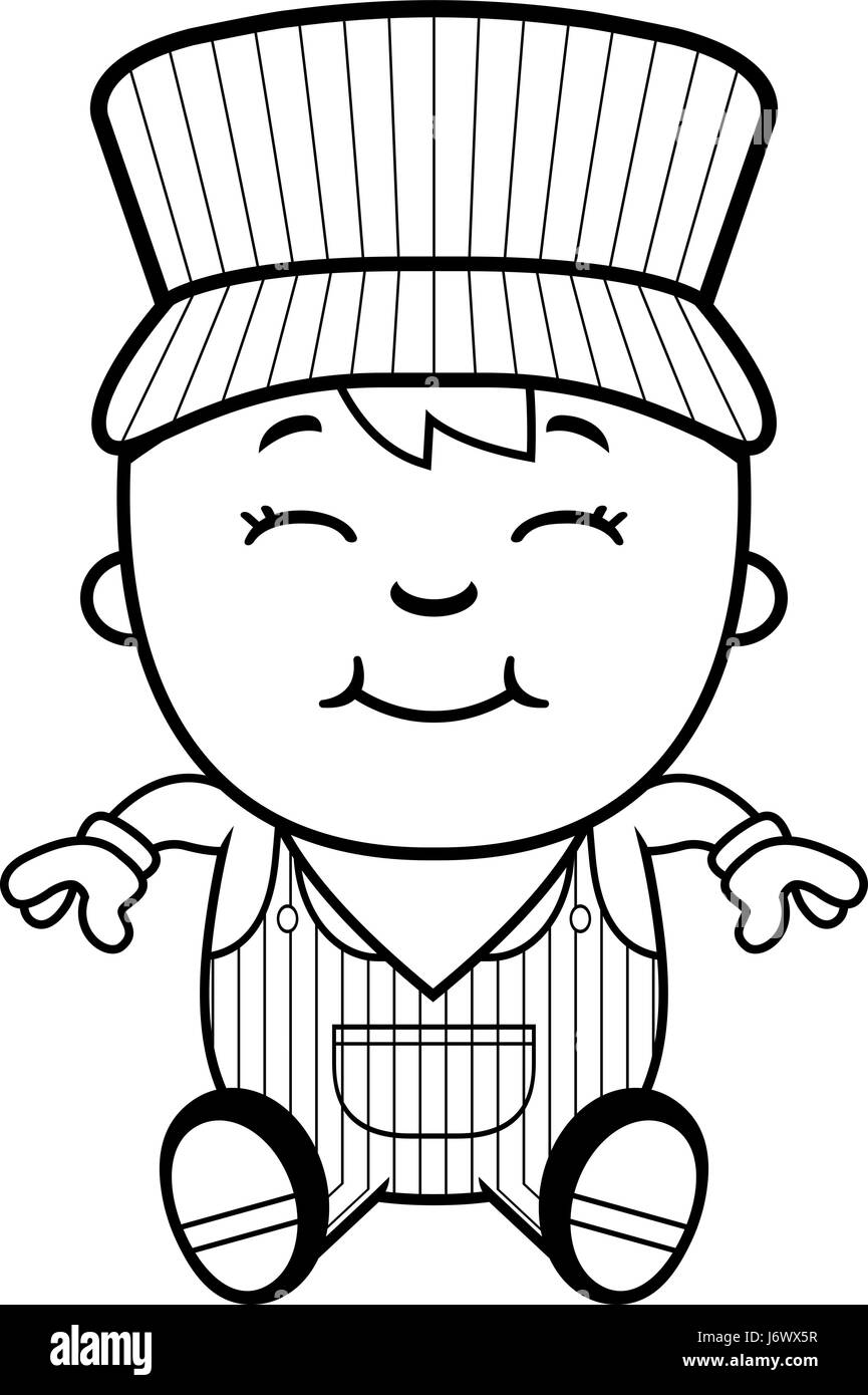A cartoon illustration of a boy train conductor sitting and smiling ...