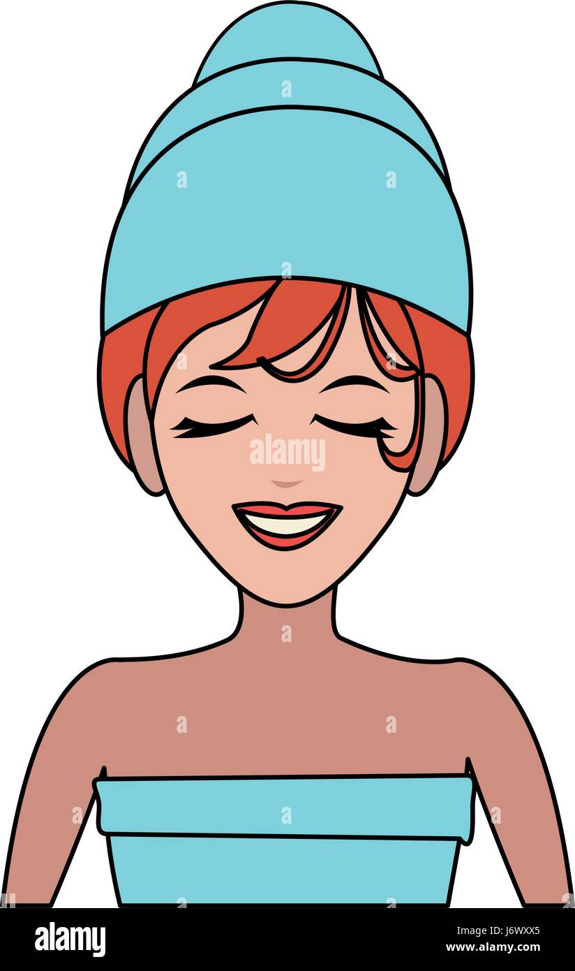 color image cartoon half body woman with towel in head in spa Stock ...