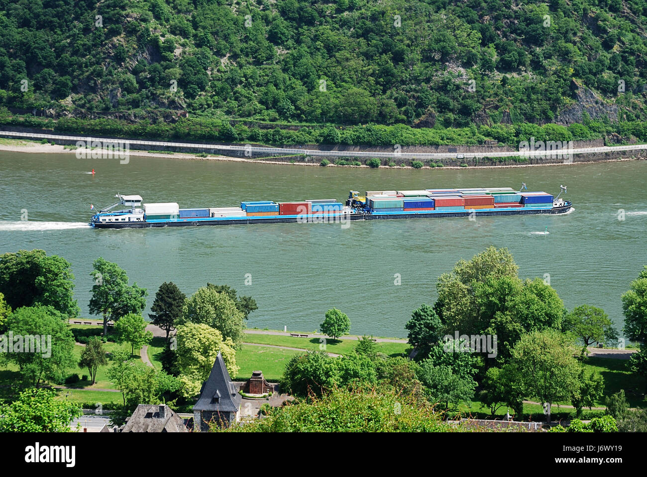transport freighter barge river water rhine container ship europe ...