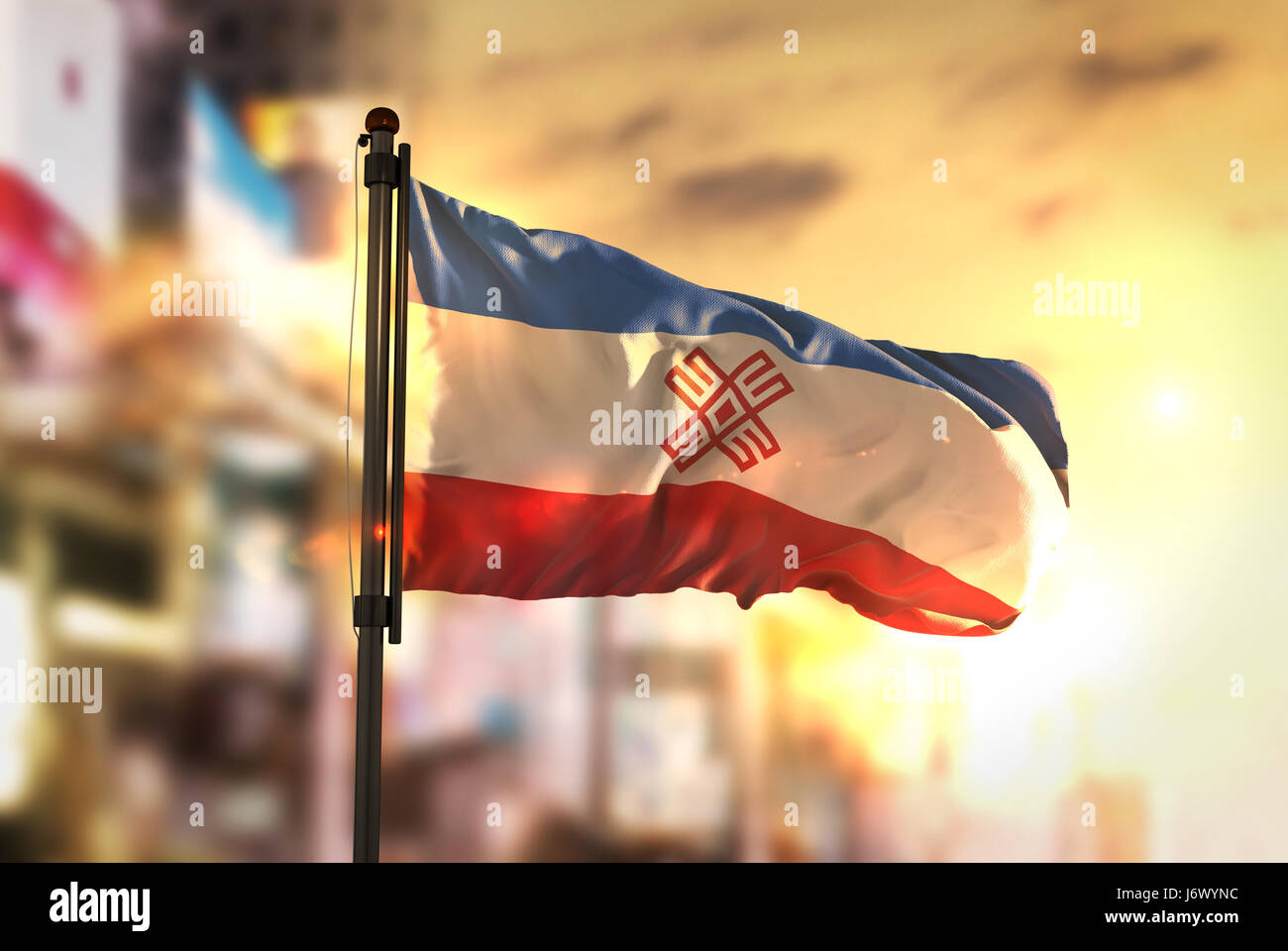 Mari El Flag Against City Blurred Background At Sunrise Backlight Stock ...