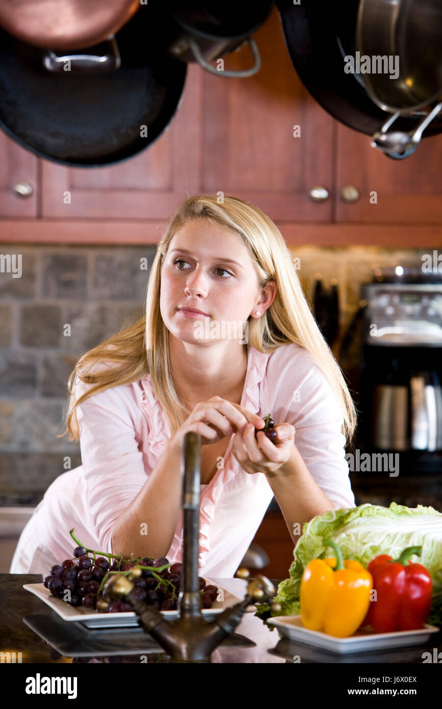 teen kitchen cuisine thinking alone lonely leaning girl girls counter ...