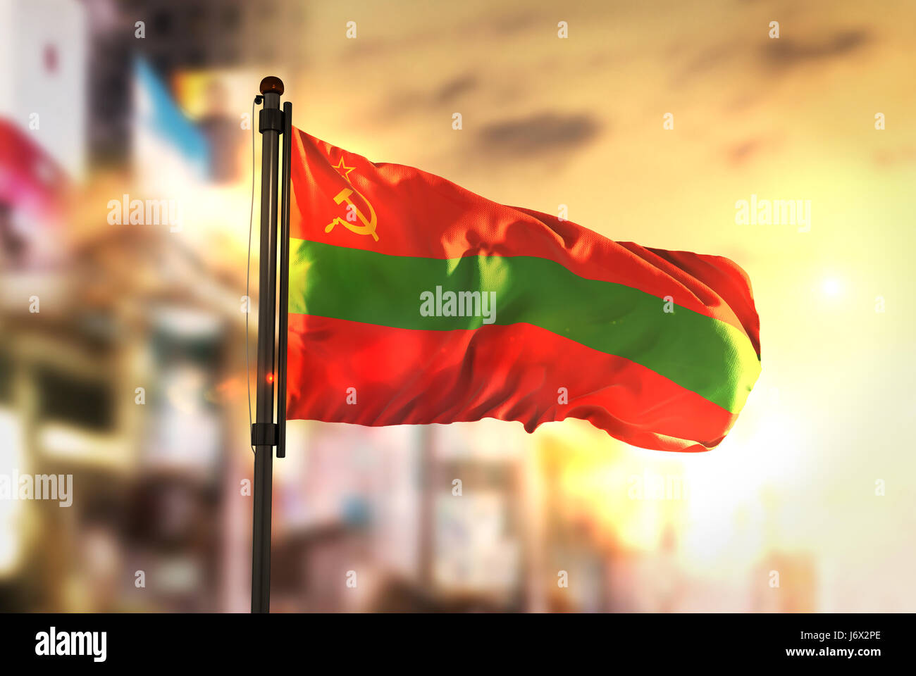 Transnistria Flag Against City Blurred Background At Sunrise Backlight ...
