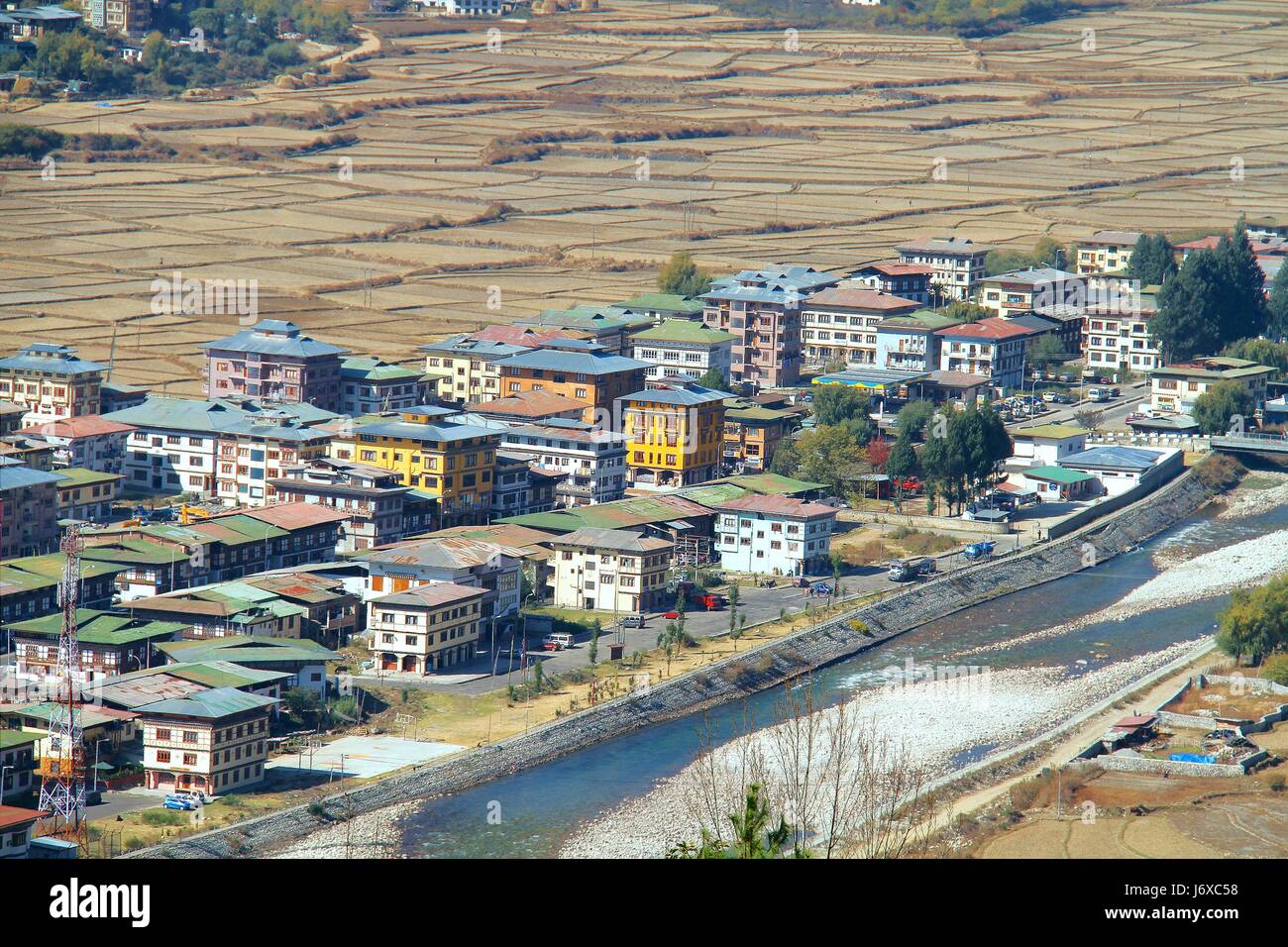 Aerial view of Paro City with colorful houses landscape near a river ...