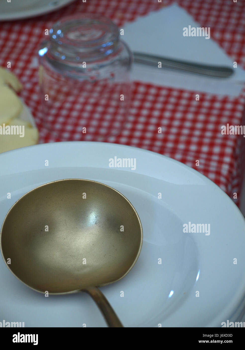 restaurant plate food dish meal supper dinner setting table spoon soup ...
