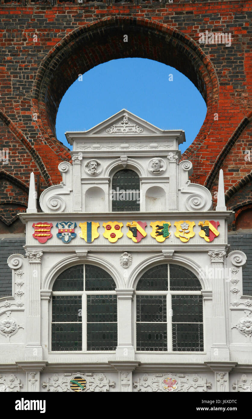 town hall facade renaissance emblem gothic luebeck window porthole ...