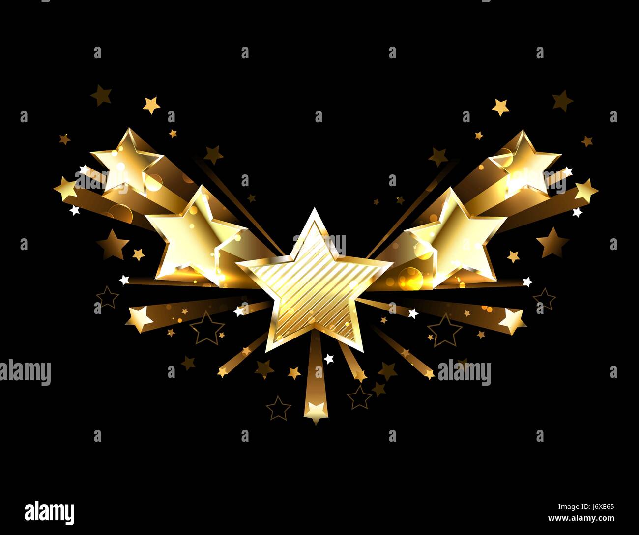 Five Golden Shiny Flying Stars On A Black Background Design With
