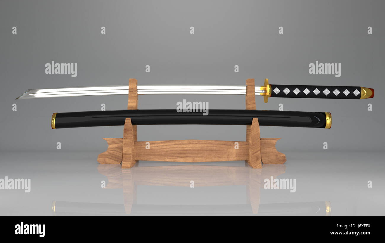 3d ancient samurai sword with a sheath on the sword display rack ...