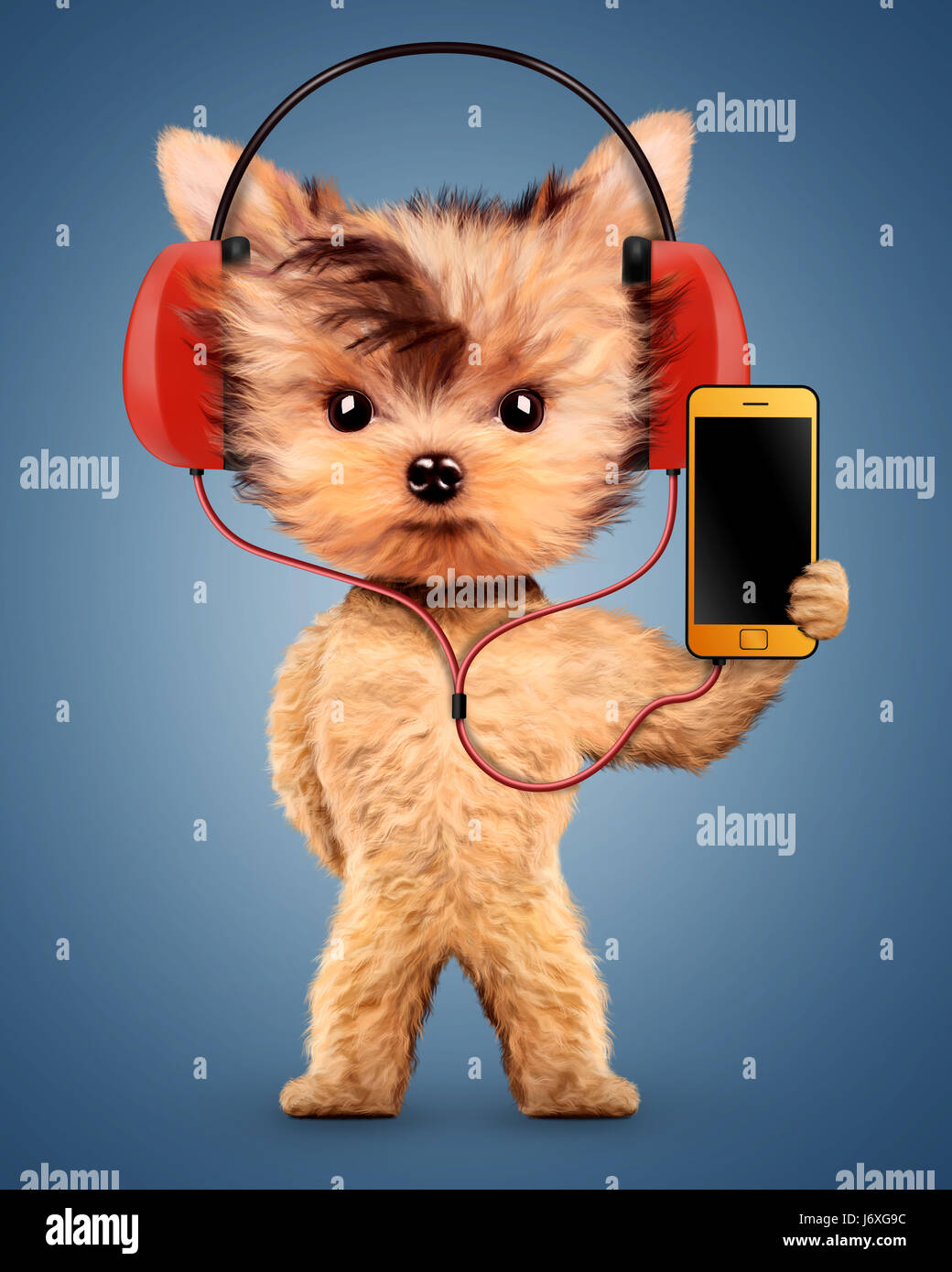 Funny dog listening to music on headphones Stock Photo - Alamy