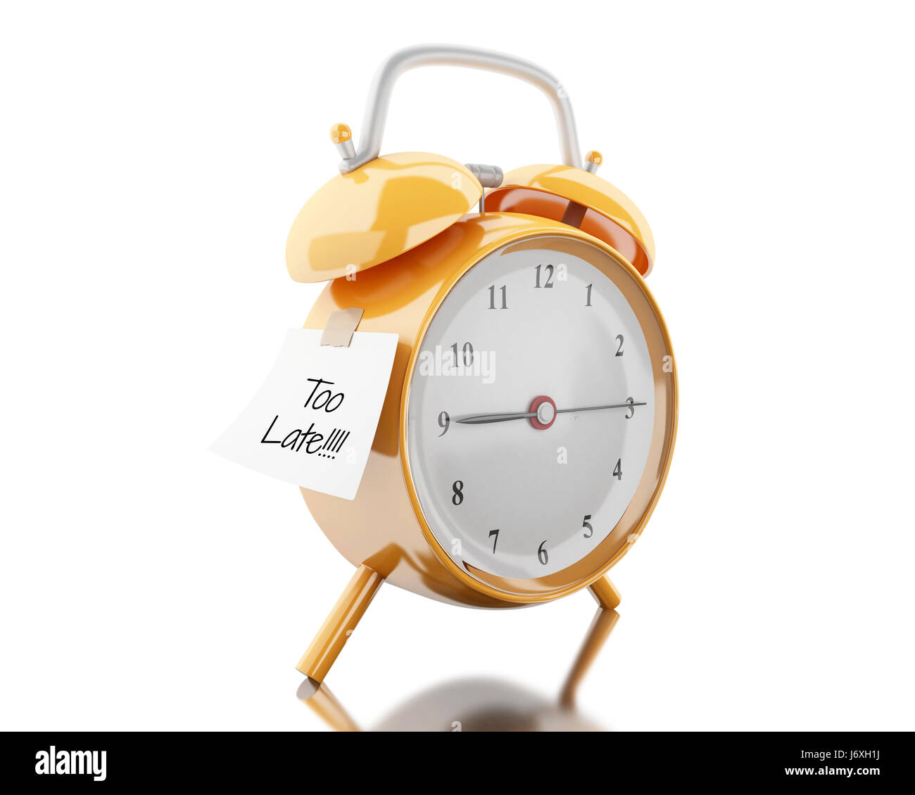 3d illustration. Alarm clock with sticky paper written "too late ...