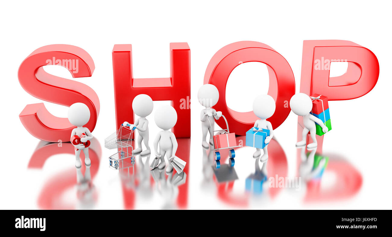 3D Illustration. White people with gifts, carts and word SHOP. Shop ...