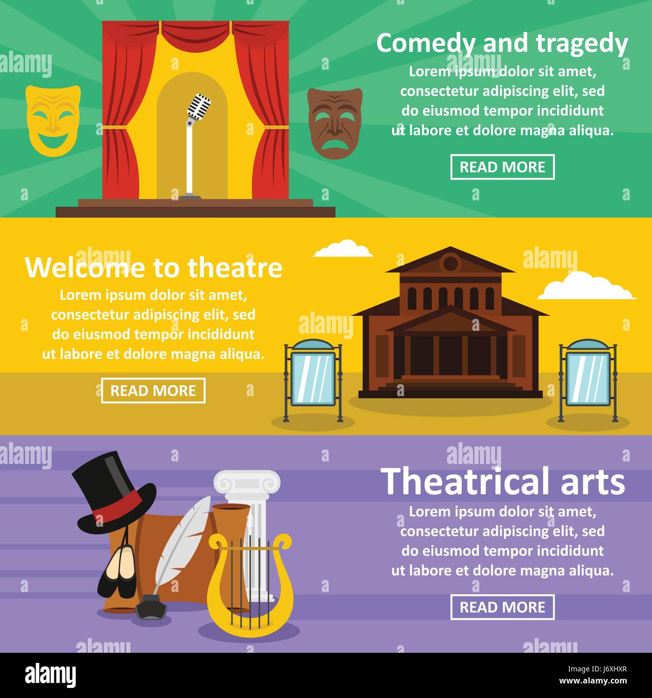 Theatre art banner horizonatal set, flat style Stock Vector Image & Art ...