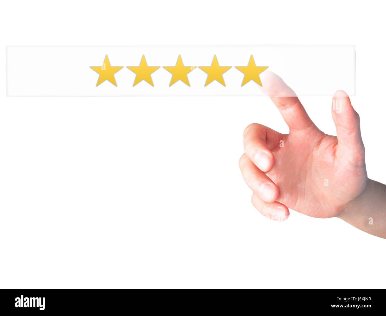 Five star rating - Hand pressing a button on blurred background concept ...