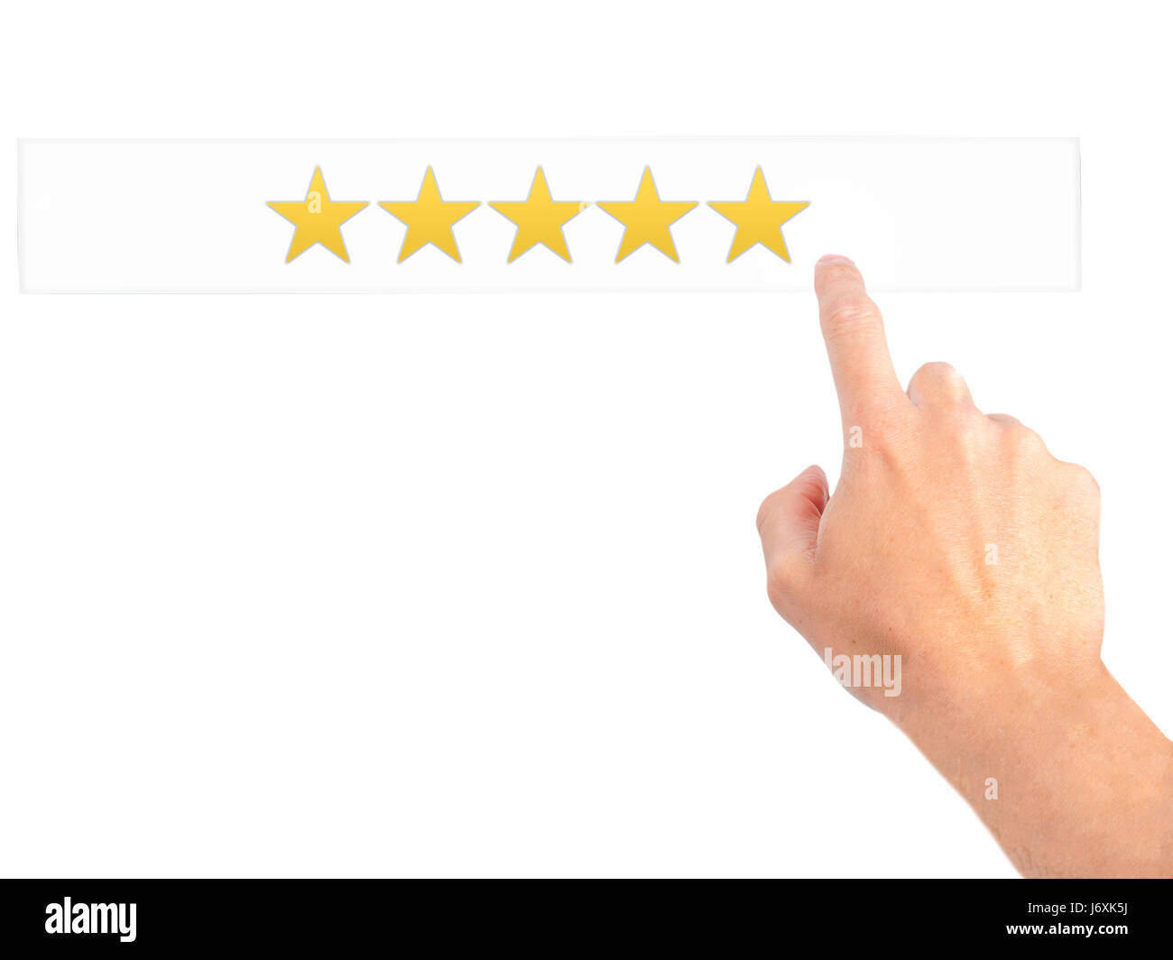 Five star rating - Hand pressing a button on blurred background concept ...