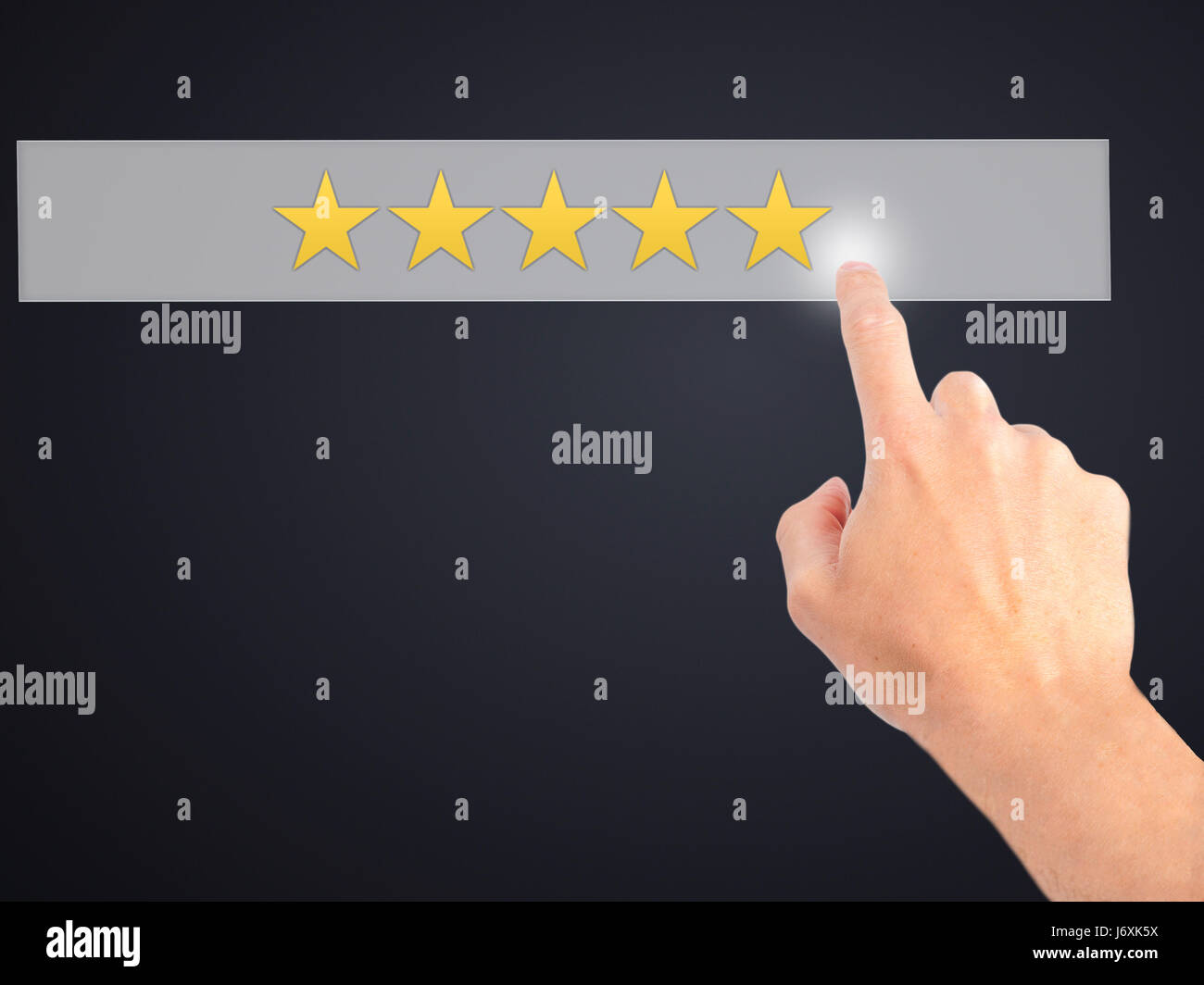 Five star rating - Hand pressing a button on blurred background concept ...