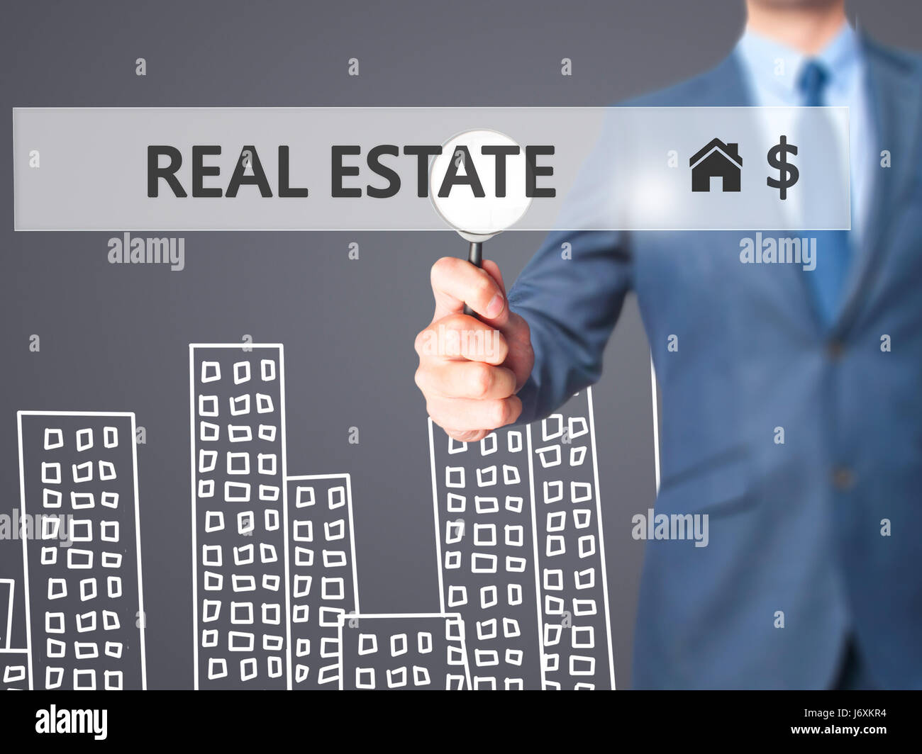 Real estate agent virtual screen button. Busnessman with magnifying ...