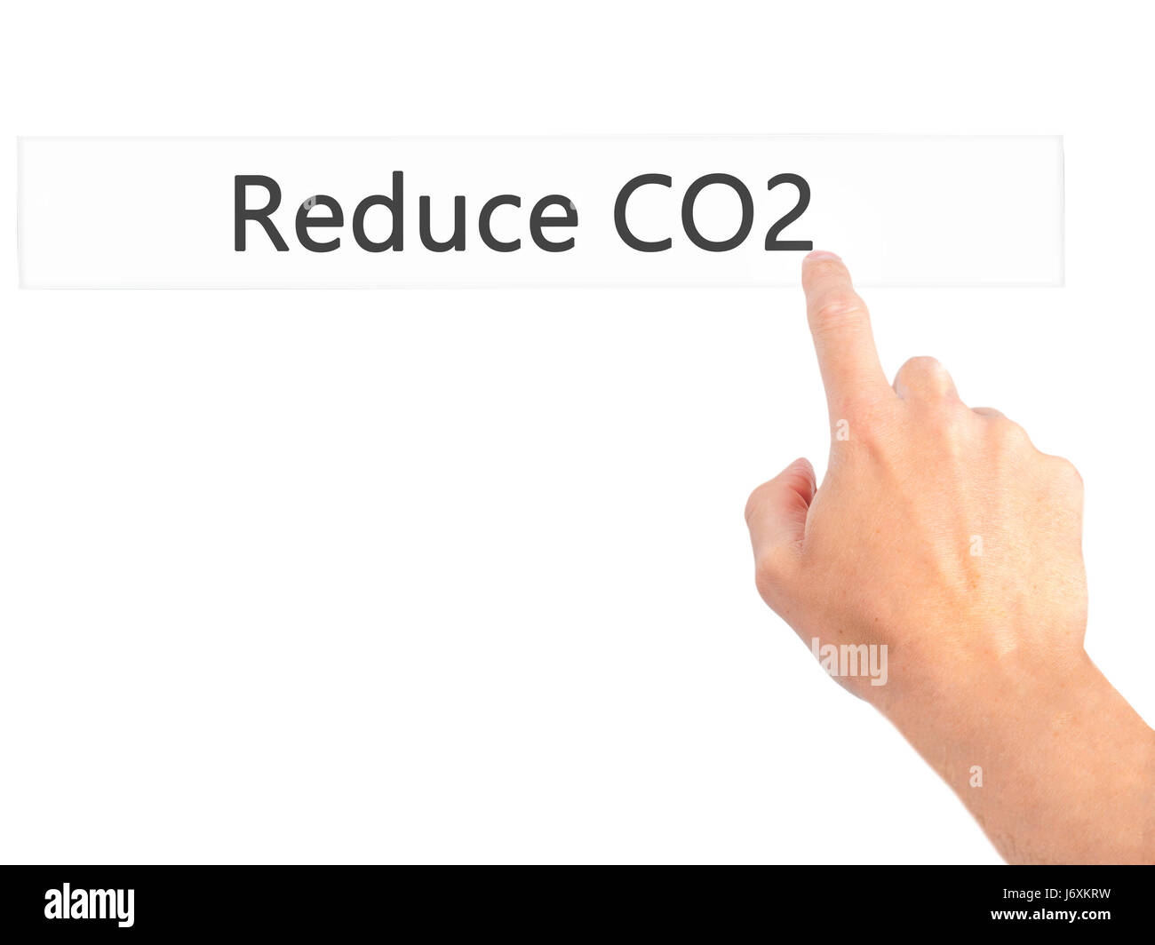 Reduce CO2 - Hand pressing a button on blurred background concept ...