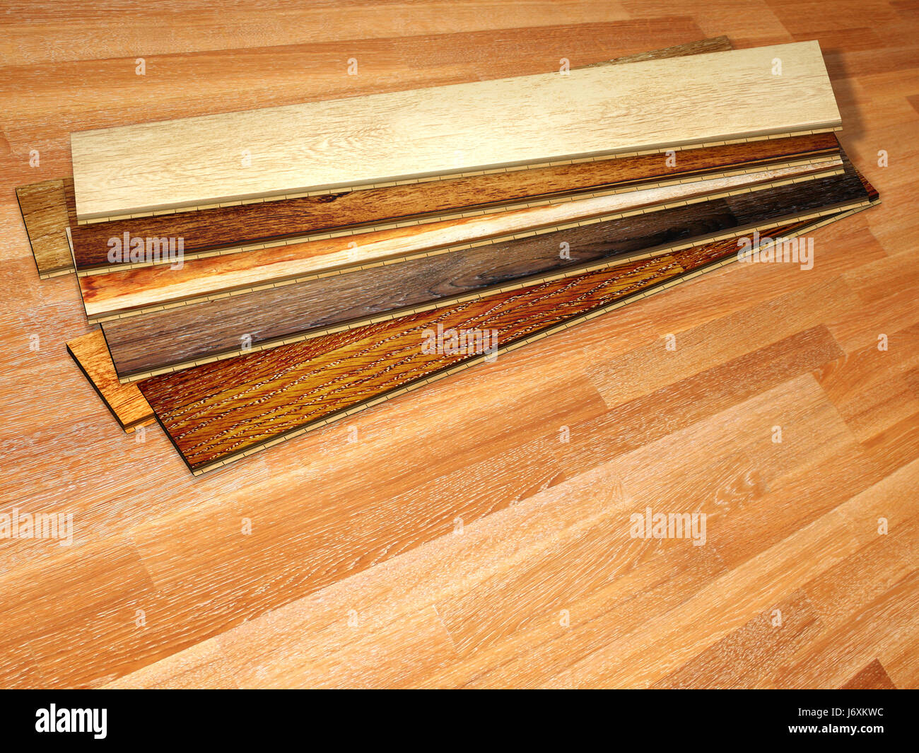 New planks of oak parquet of different colors on wooden floor. 3d ...