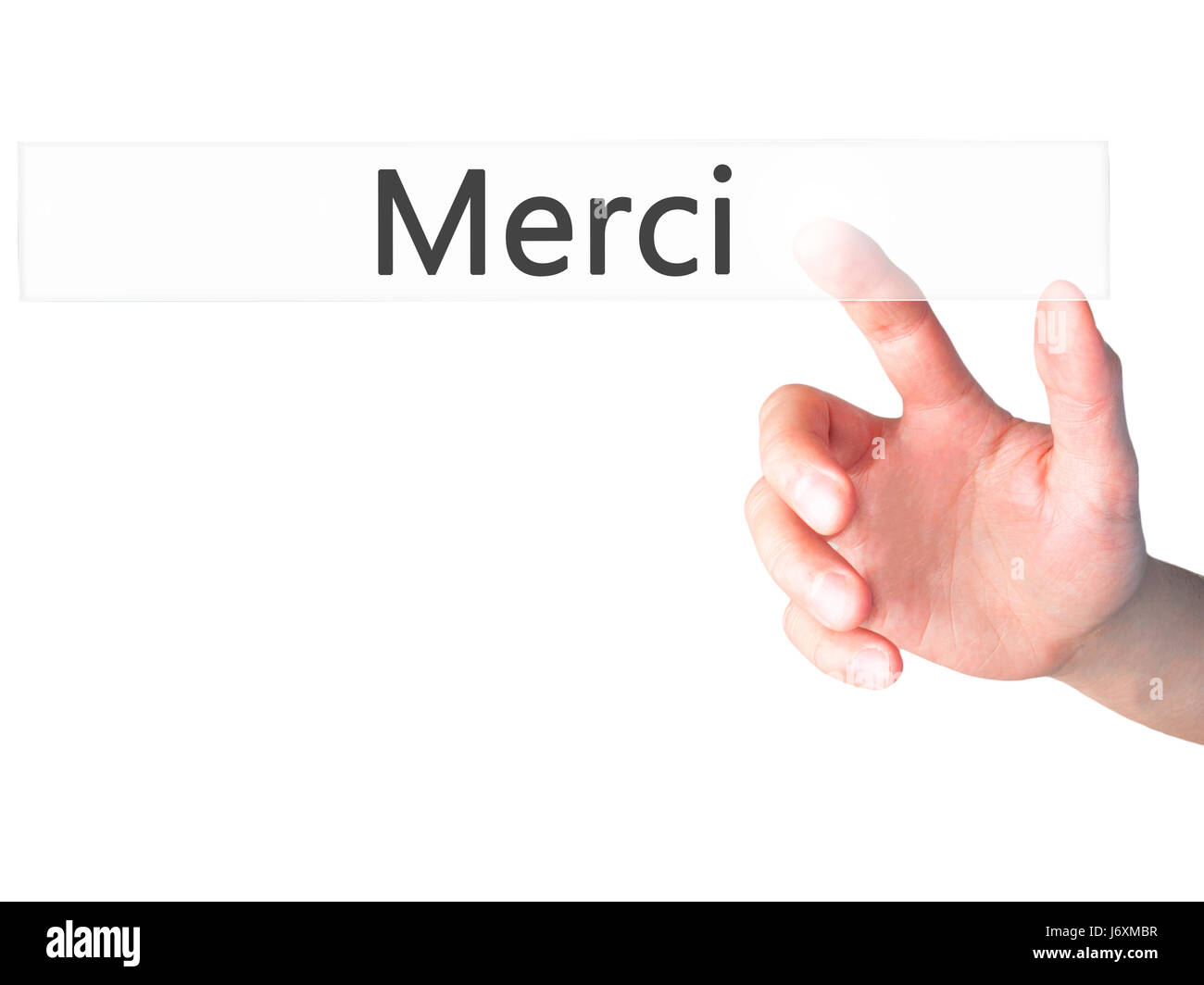 Merci - Hand pressing a button on blurred background concept . Business ...