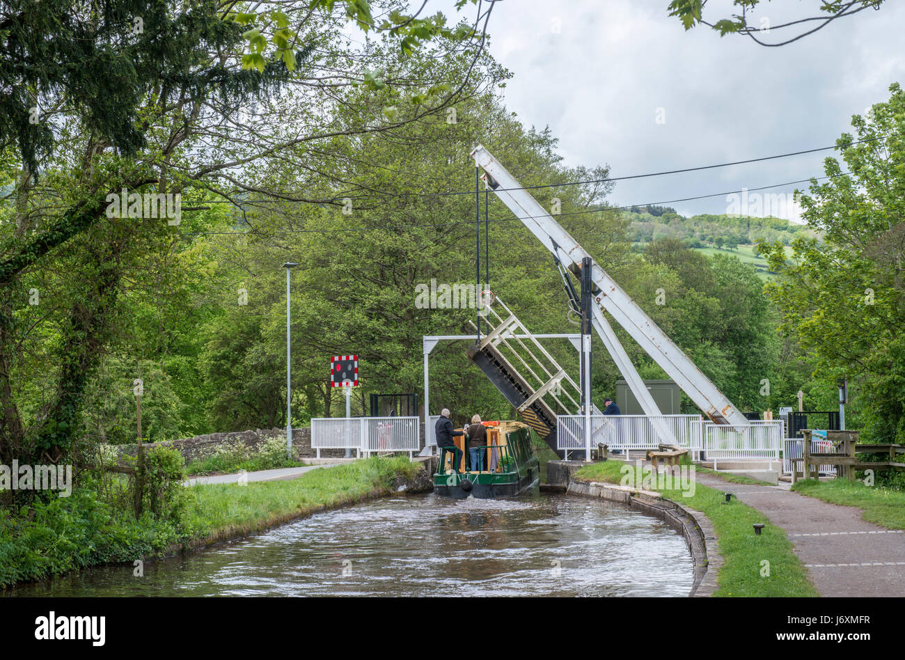Narrowboat passing through canal bridge Talybont on Usk Brecon Beacons ...