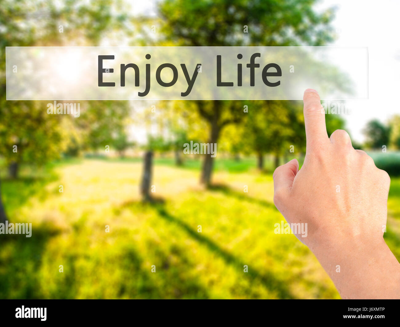 Enjoy Life - Hand pressing a button on blurred background concept ...