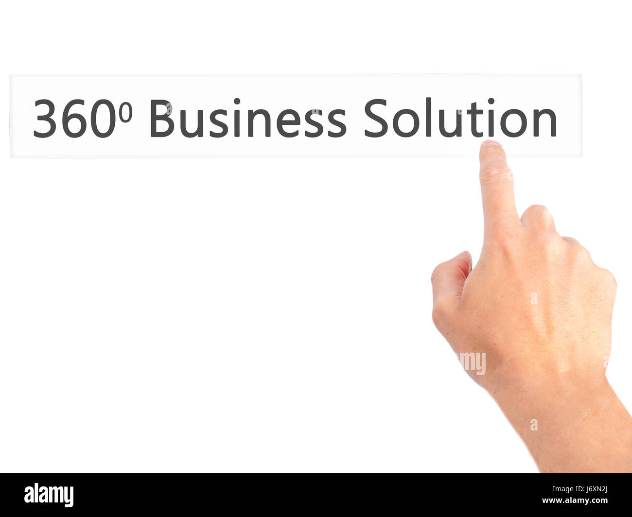 360 Business Solution - Hand pressing a button on blurred background ...