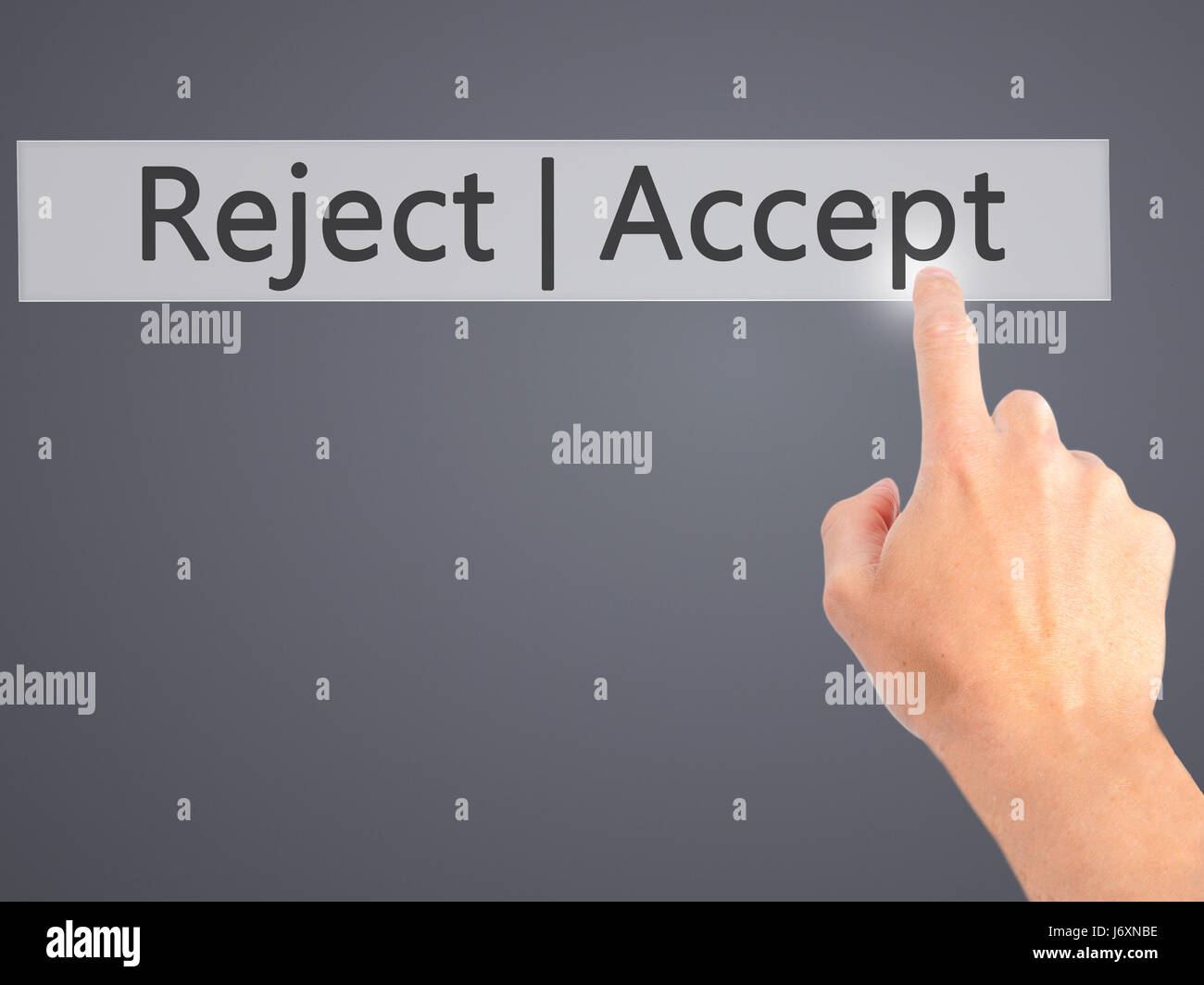 Accept Reject - Hand pressing a button on blurred background concept ...