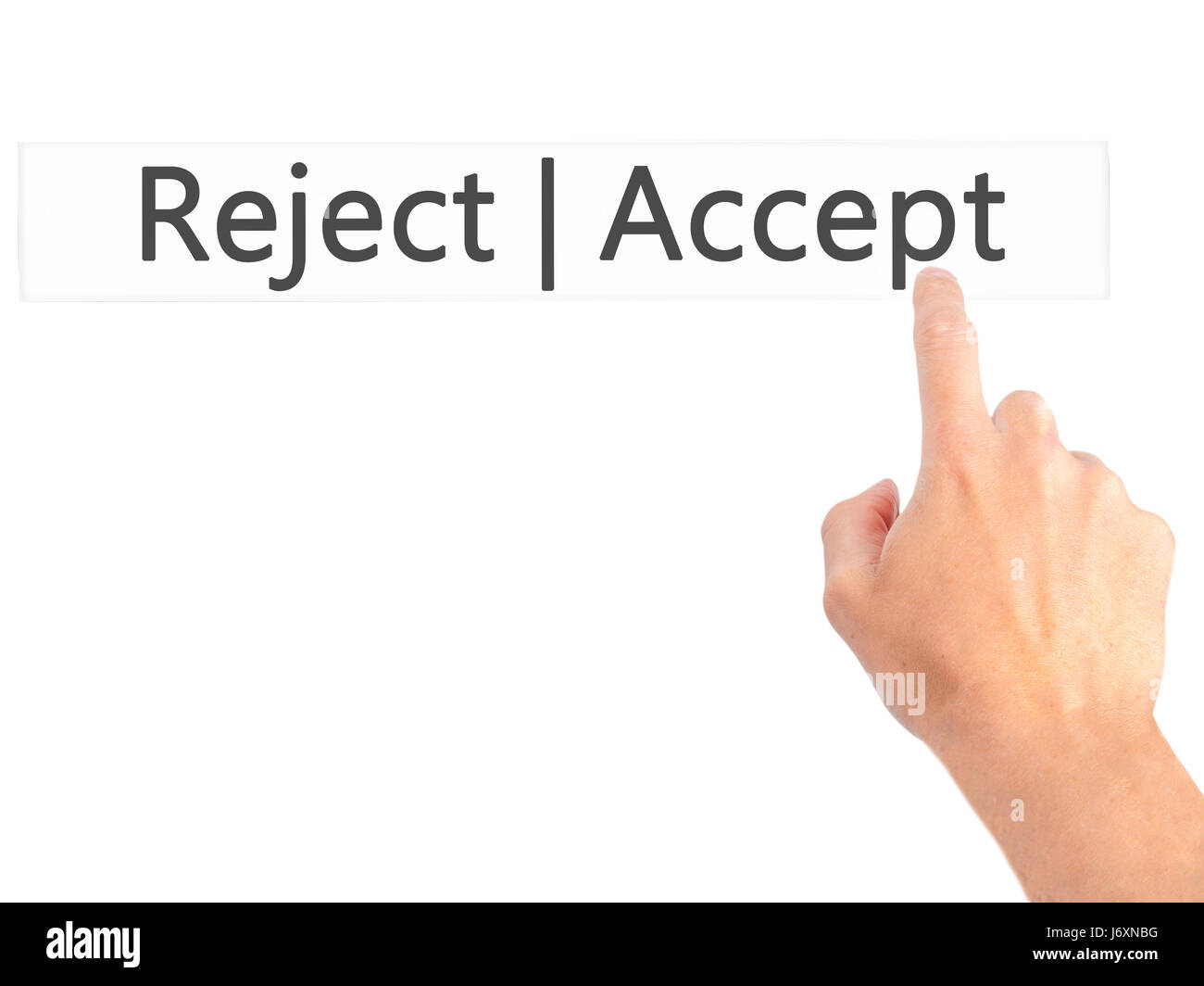 Accept Reject - Hand pressing a button on blurred background concept . Business, technology ...