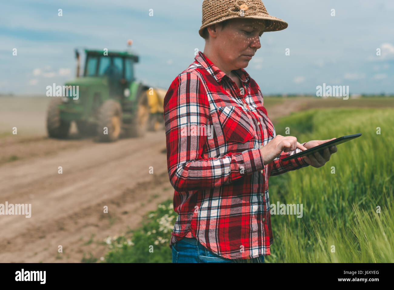 Smart farming, using modern technology in agricultural activity, female ...