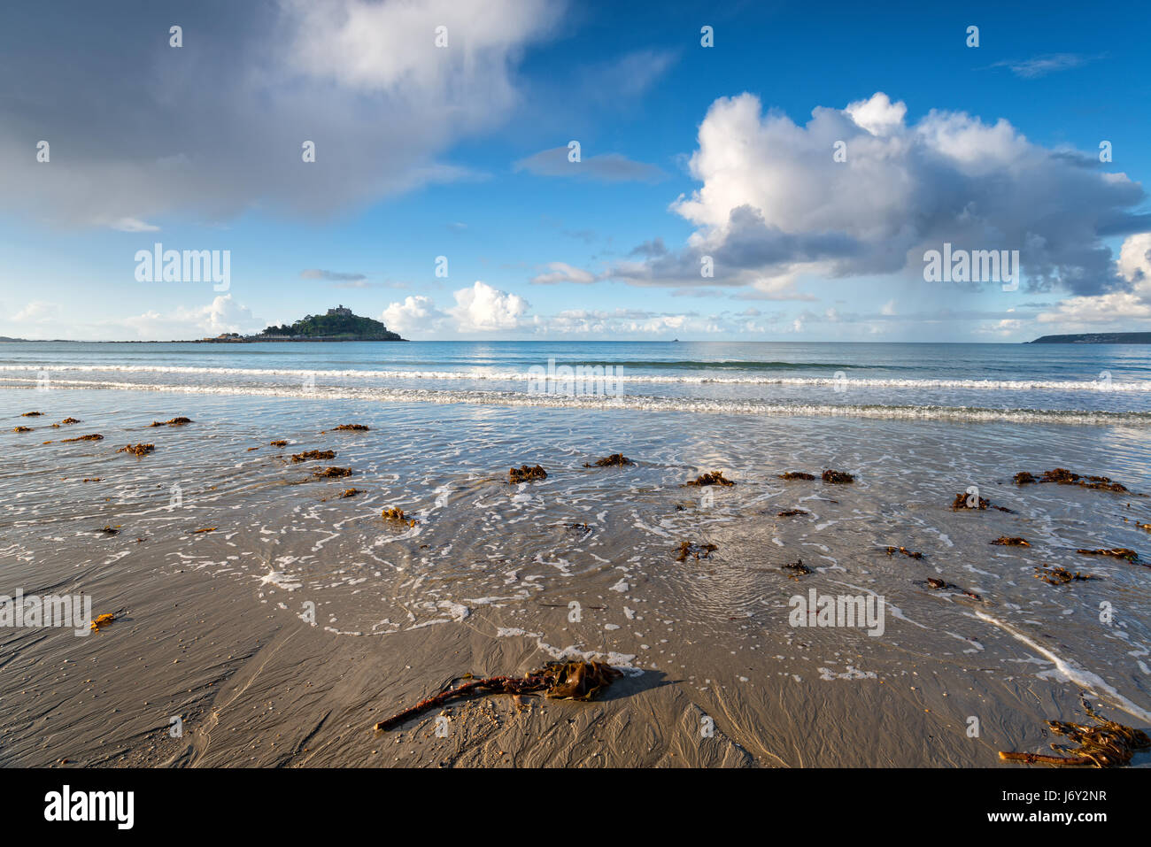 The beach at Marazion near Penzance in Cornwall with St Michaels Mount ...