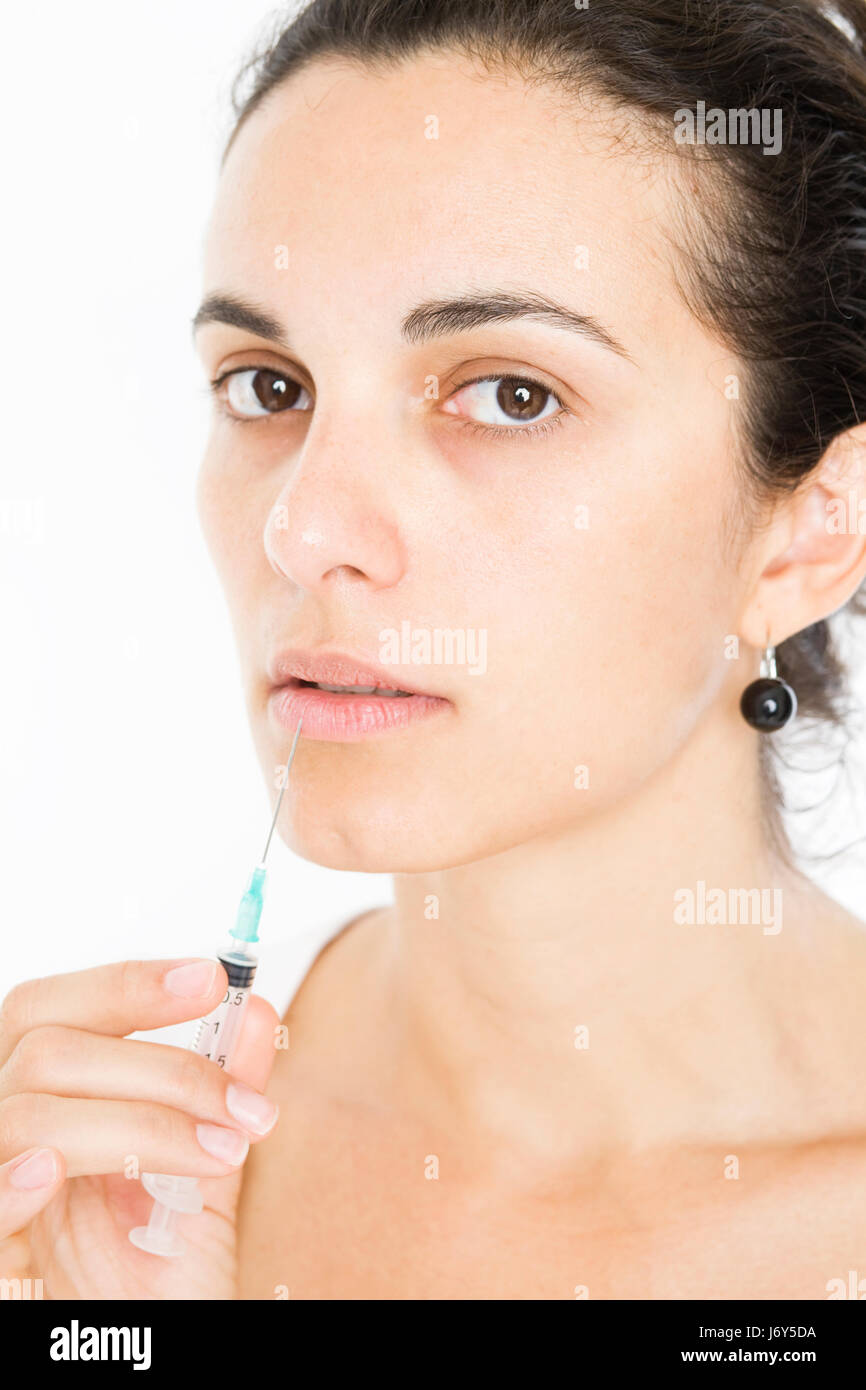 woman lips spray-on injection surgery plastically botox syringe danger ...