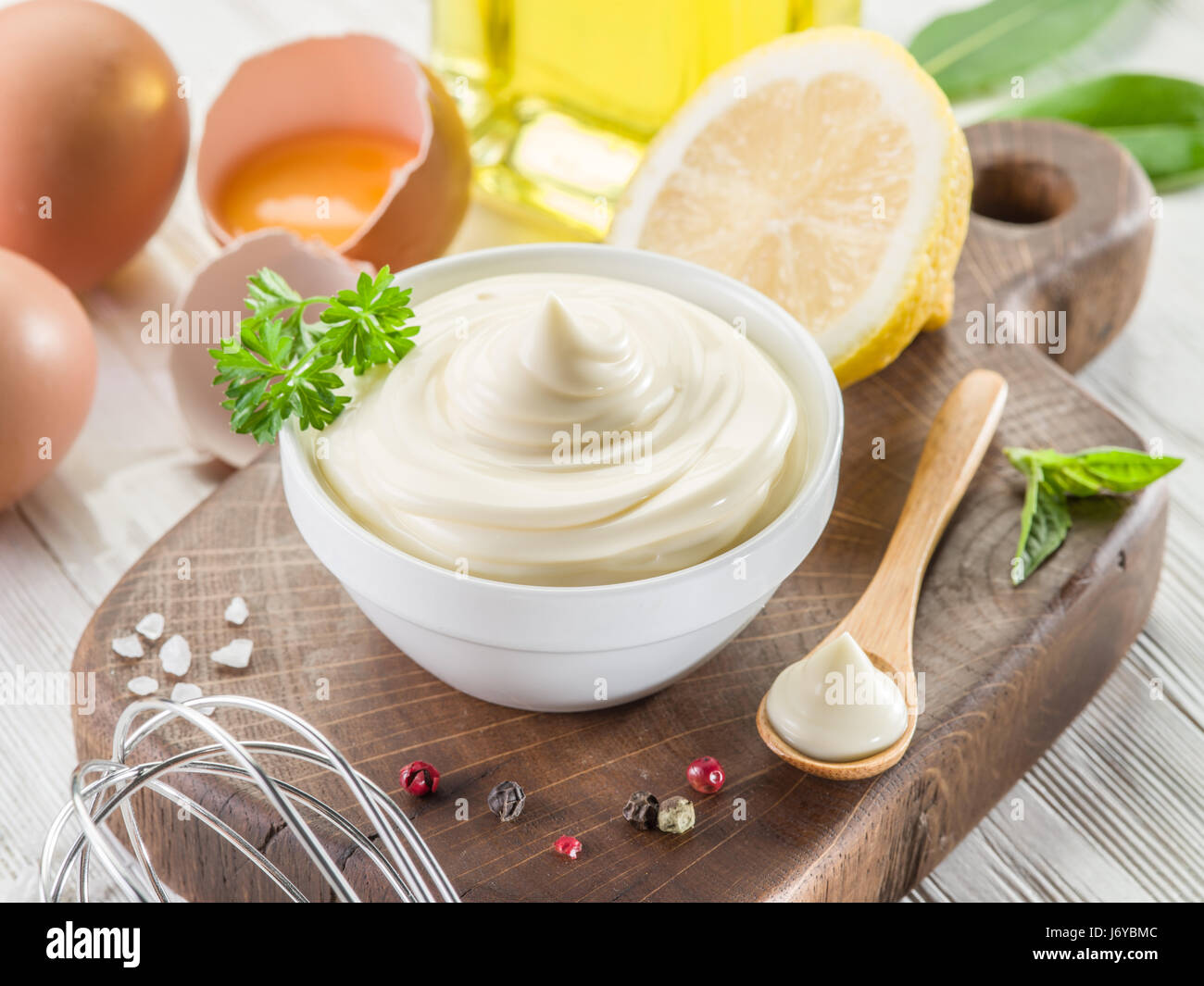 Natural mayonnaise ingredients and the sauce itself Stock Photo - Alamy