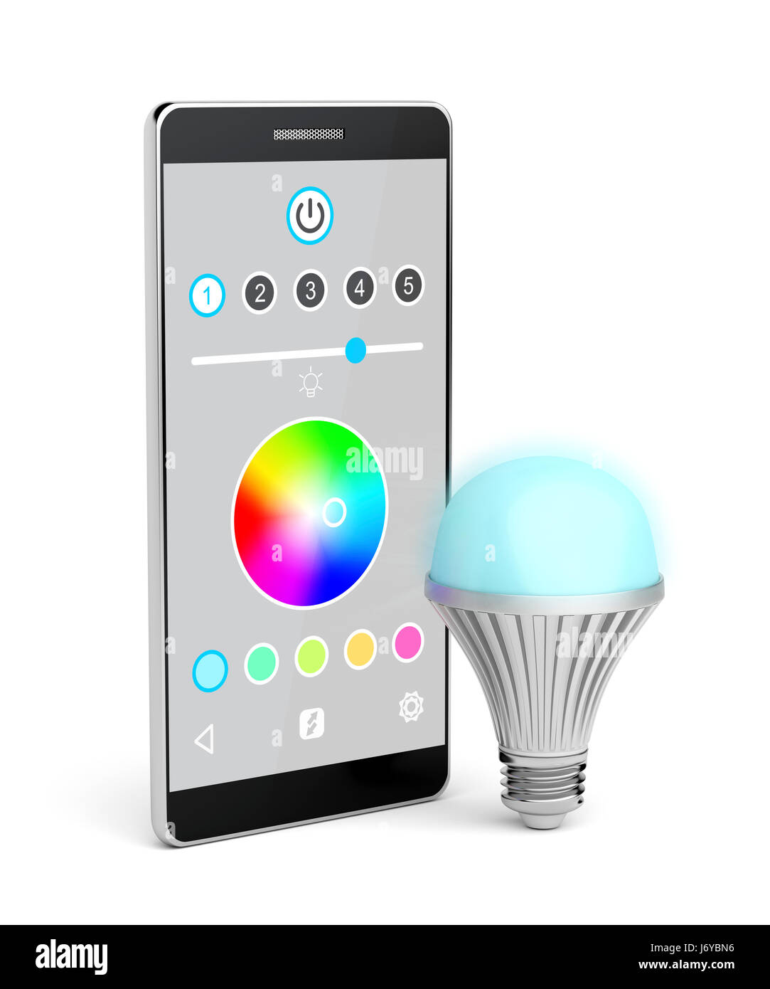 Color changing LED light bulb and smartphone on white background Stock ...