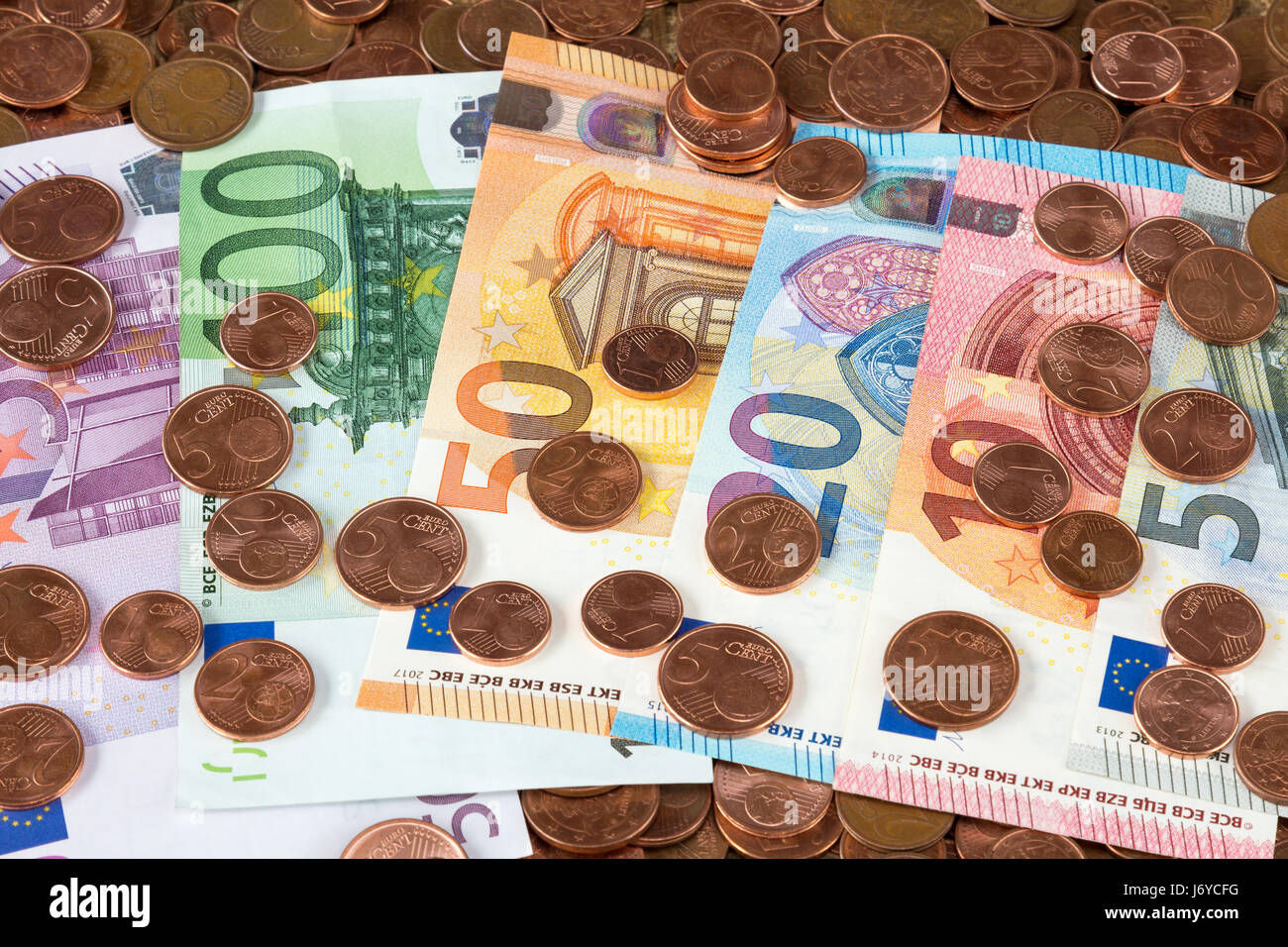 Various Euro banknotes with Euro cents,view from above Stock Photo - Alamy