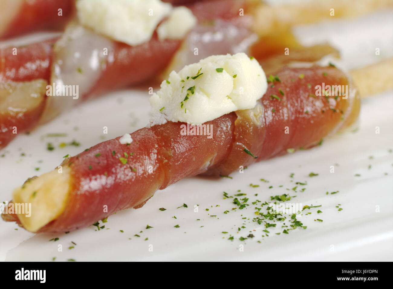 ham starter bacon snack meat horizontal disc sauce garnishes landscape ...