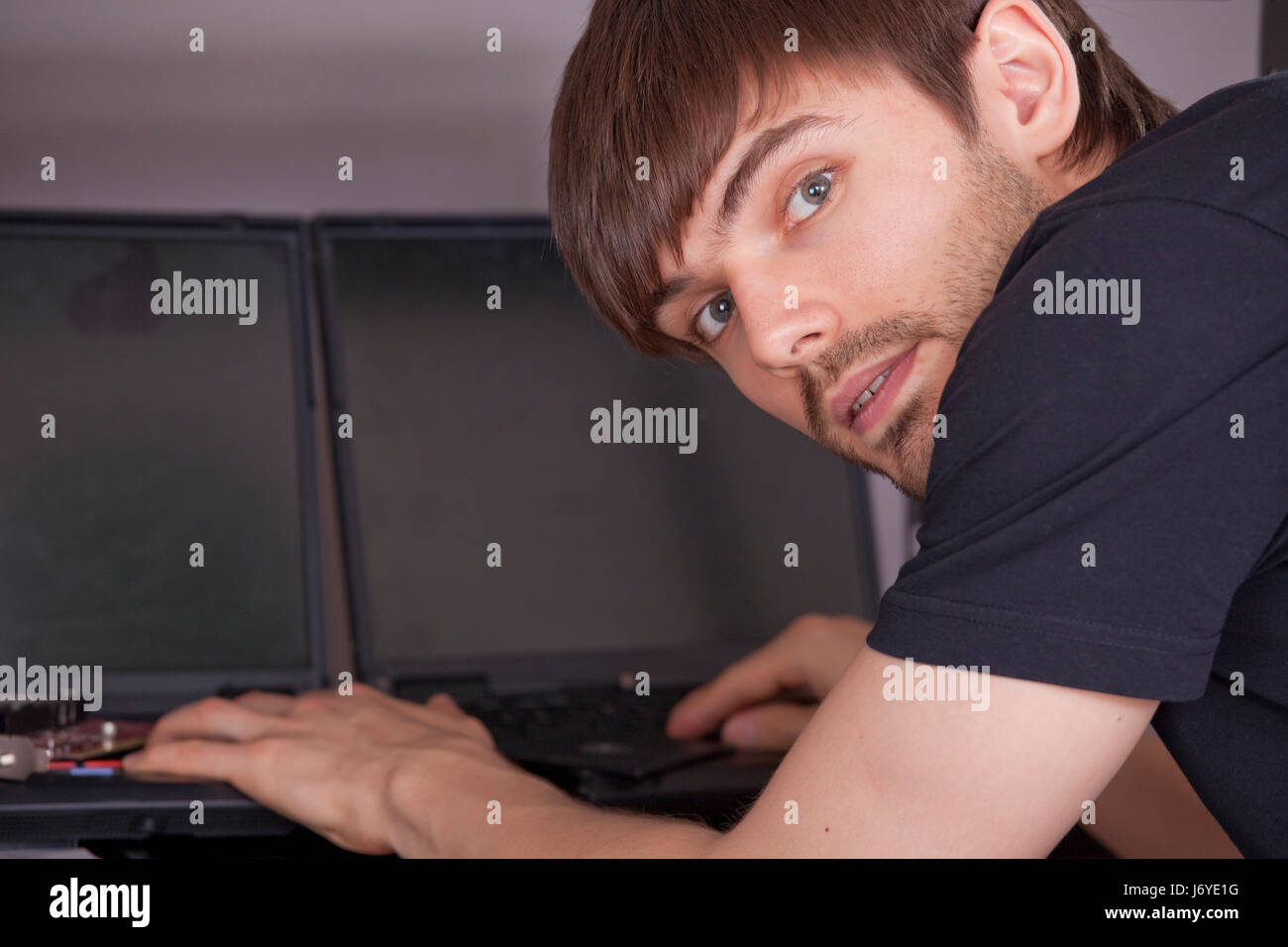 programmer expert technician working laptops computers computer man ...