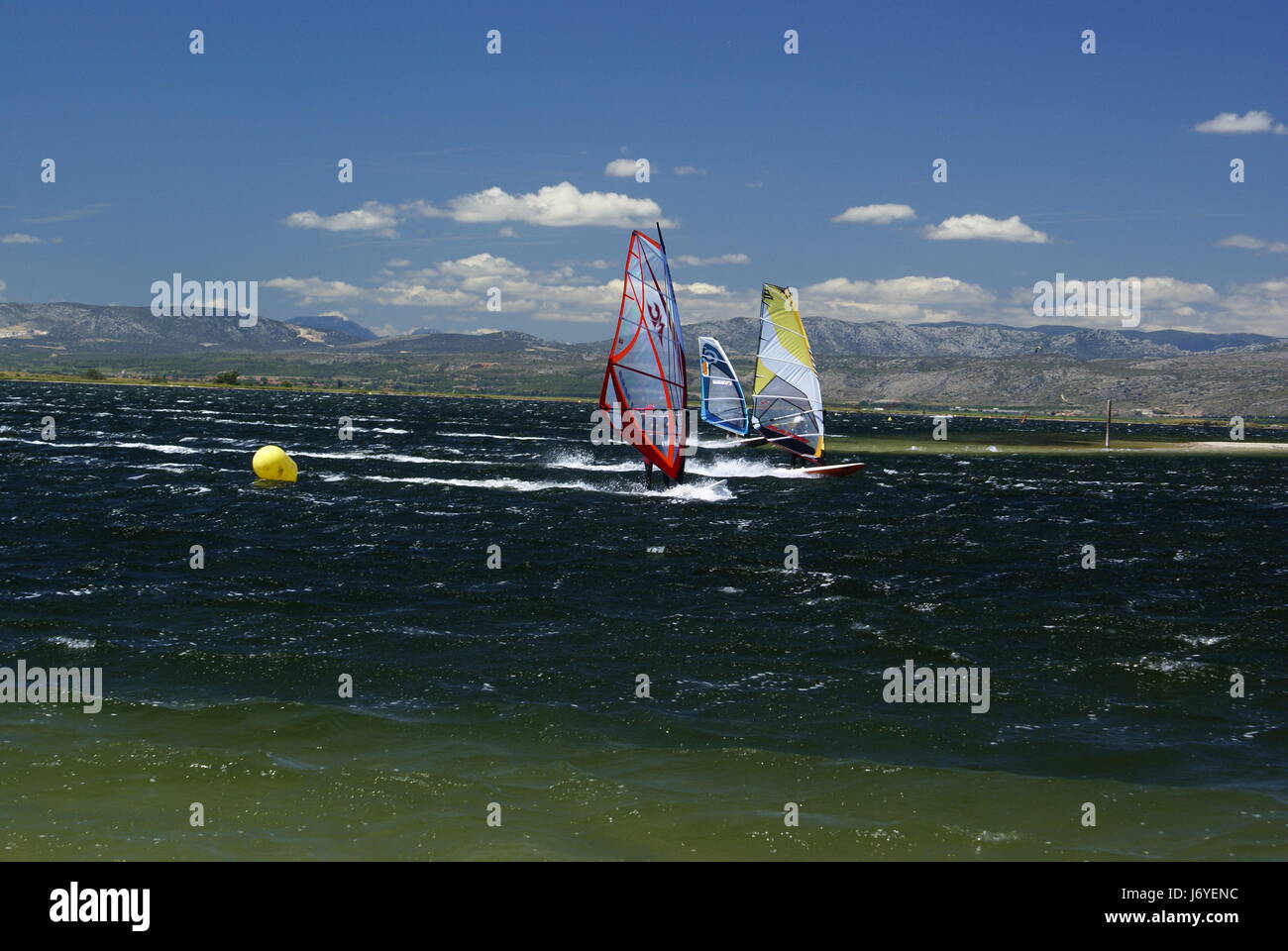 blue sail three wind energy surf surfboard surfing board red yellow ...