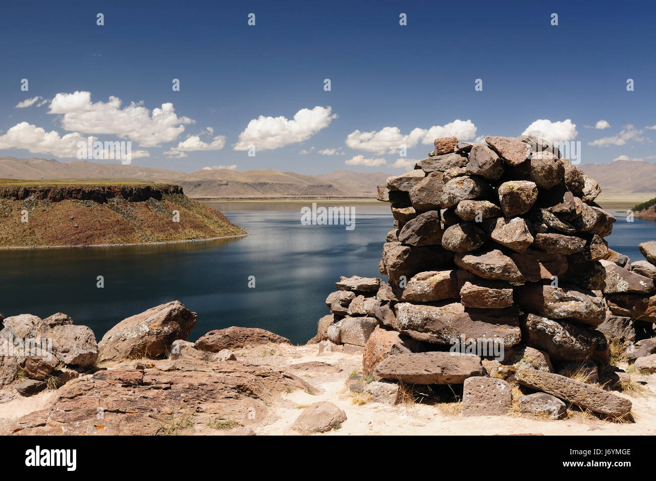 Chullpas (funerary towers) in archaelolgical complex of Sillustani near ...